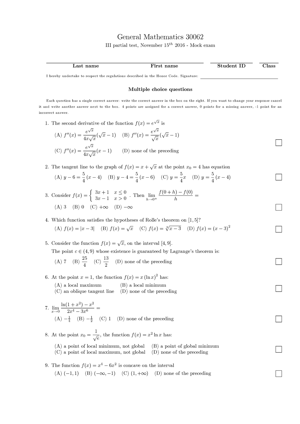 Esempioprova Desame 2016 Domande General Mathematics 30062 Iii