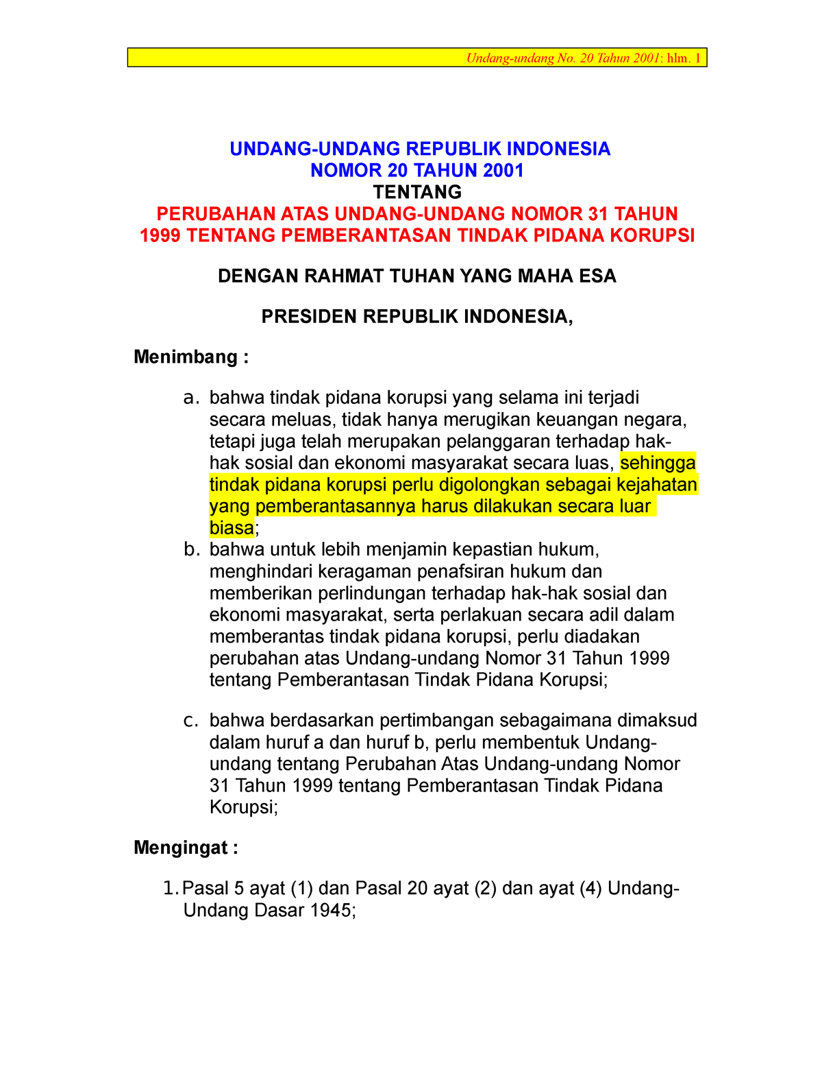 Uu 20 Th 2001 Pidana Undang Undang Republik Indonesia Nomor 20