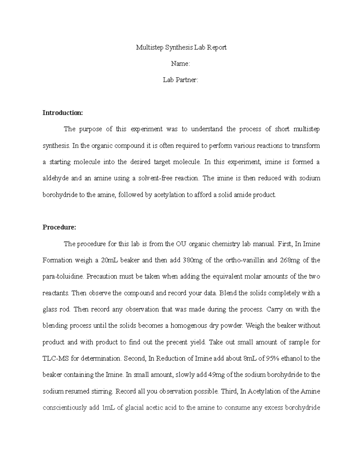 Multistep Synthesis Lab Report Multistep Synthesis Lab Report Name