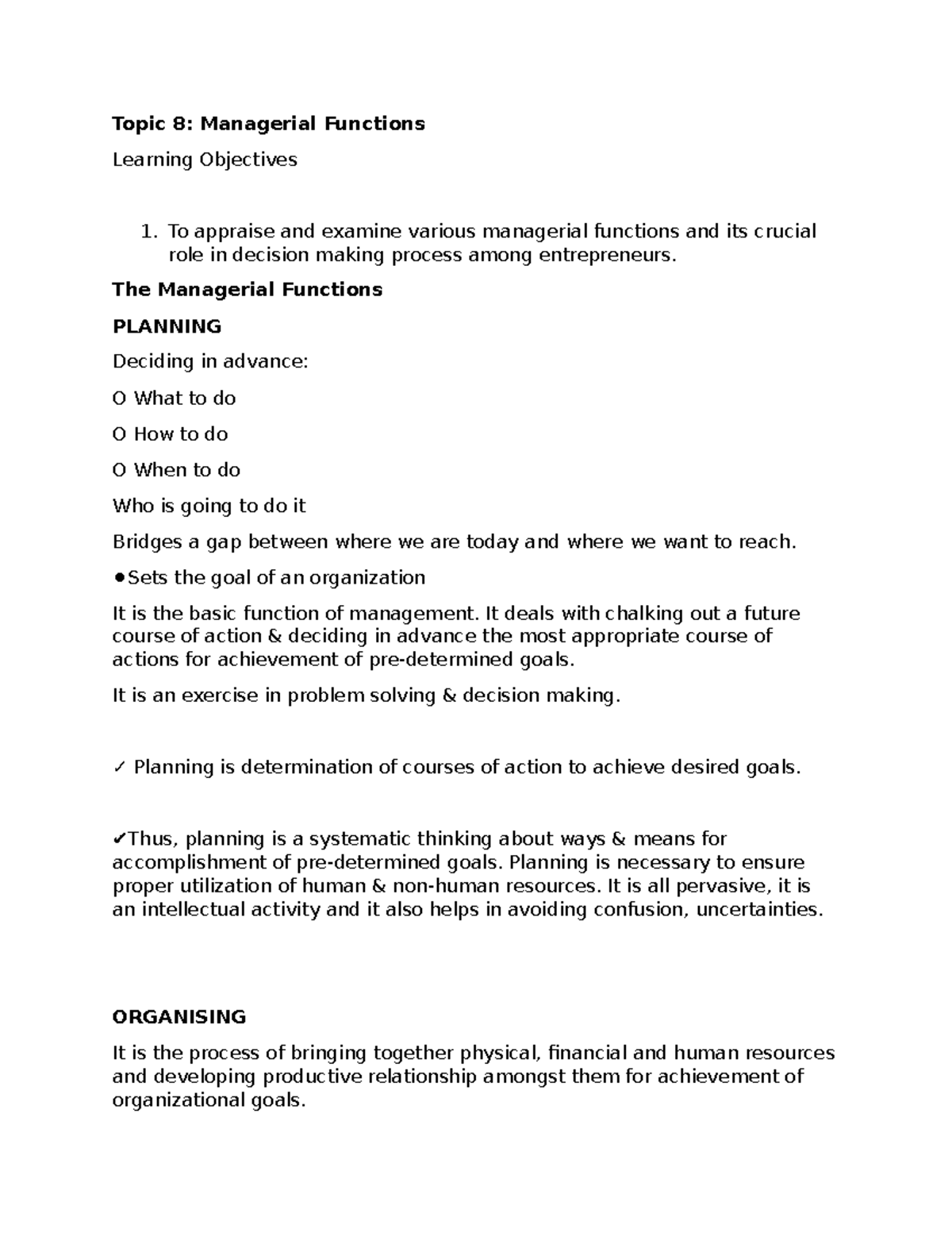 Entrepreneurship Managerial Functions Topic 8 Managerial Functions