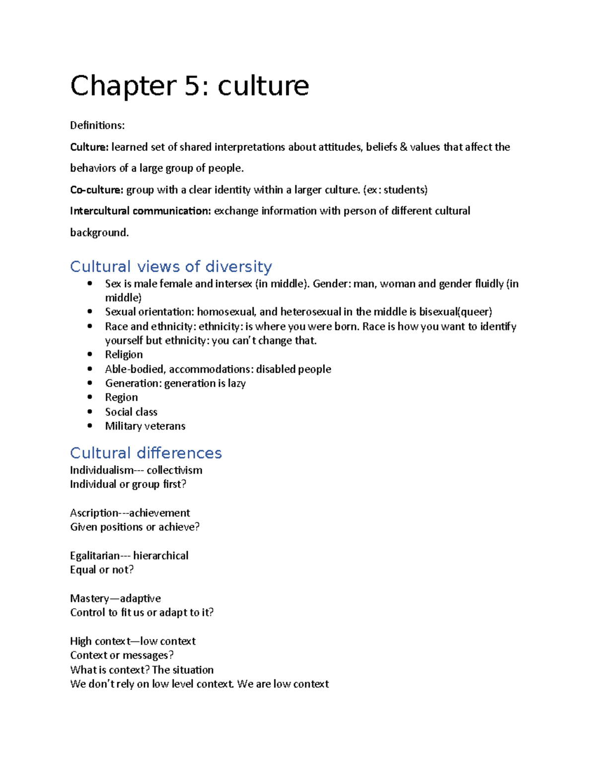 Chapter 5 Lecture Notes Including Exam Material Chapter 5 Culture