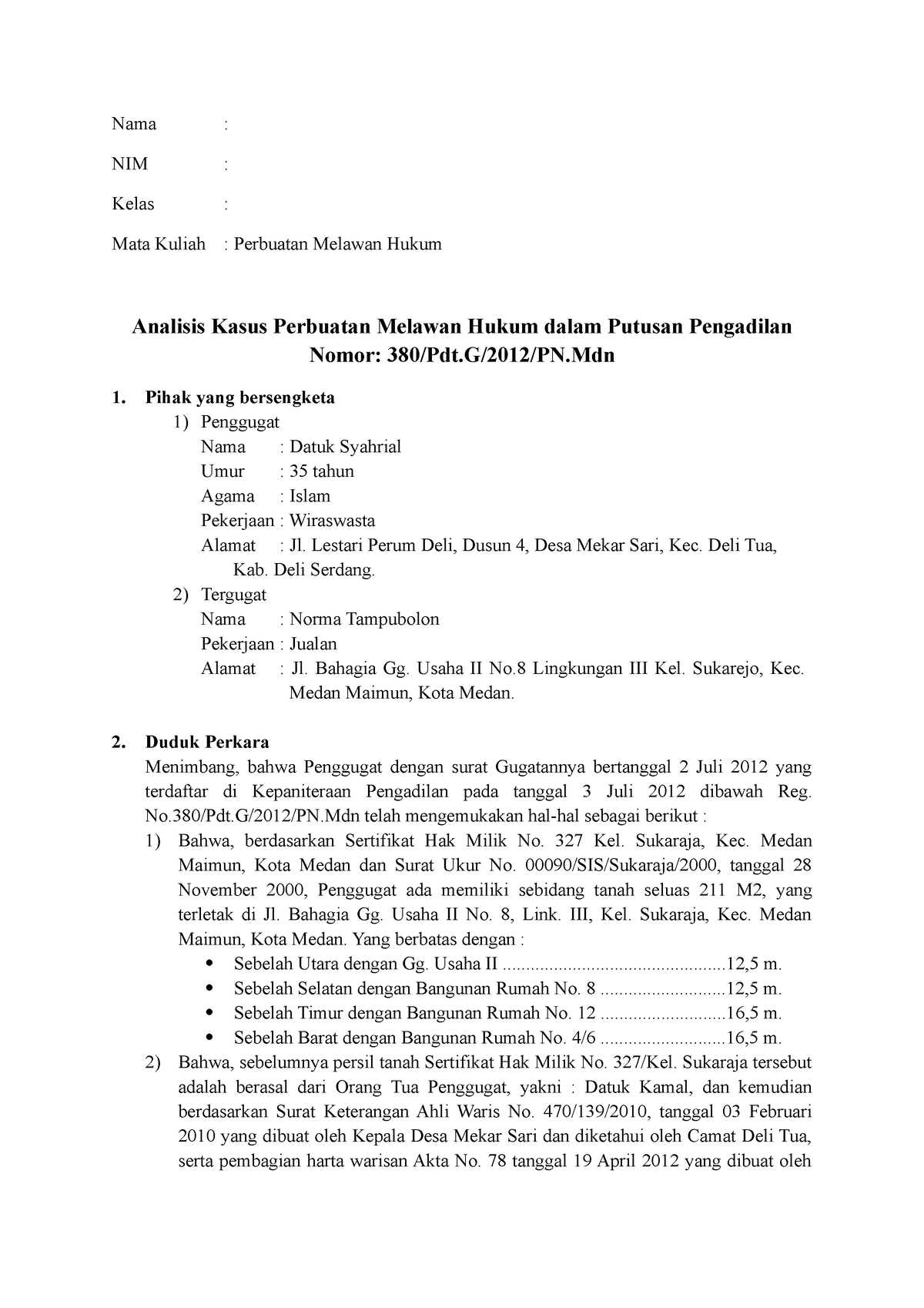 Analisis Putusan Pengadilan Nama Nim Kelas Mata Kuliah