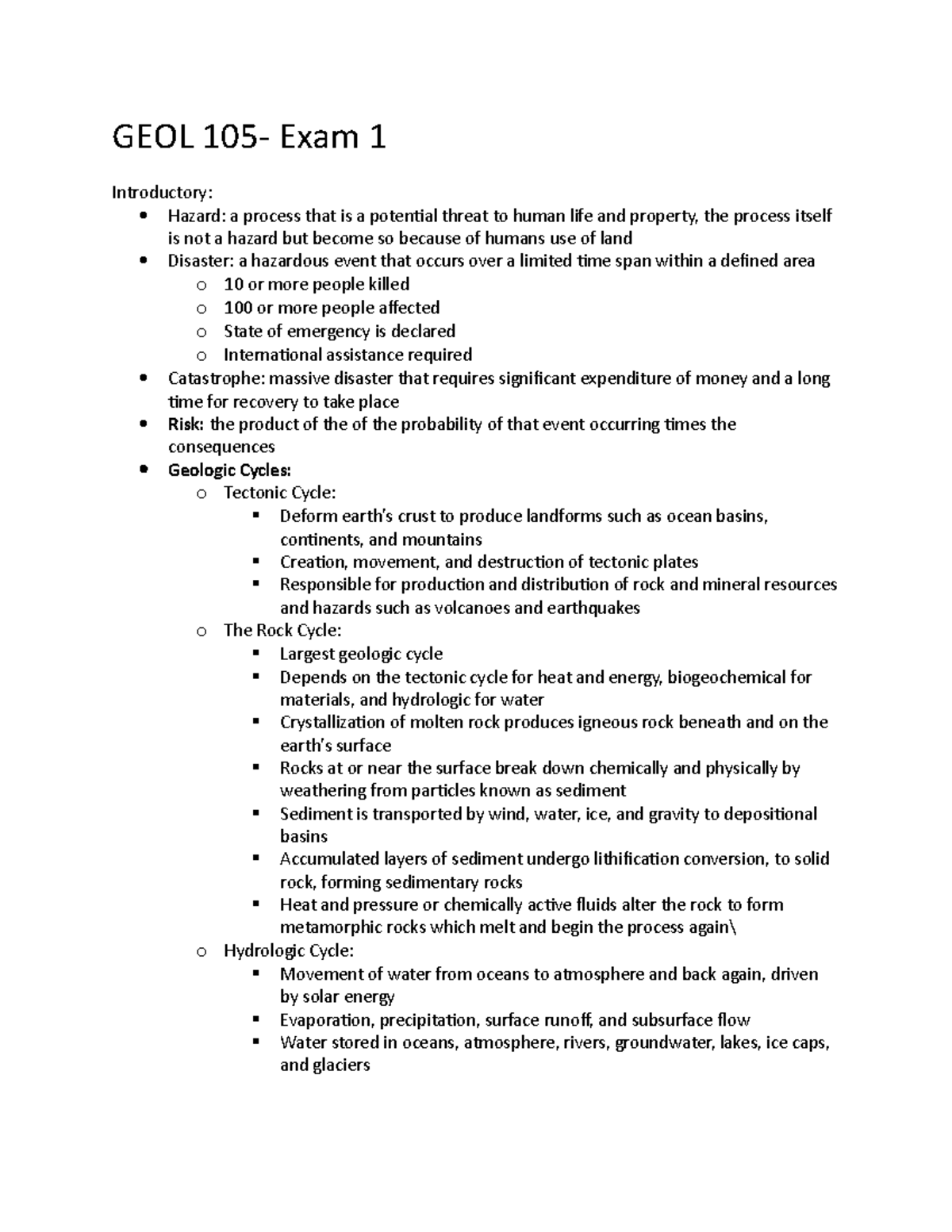 Geology 105 Exam 1 Geol 105 Exam 1 Introductory Hazard A Process