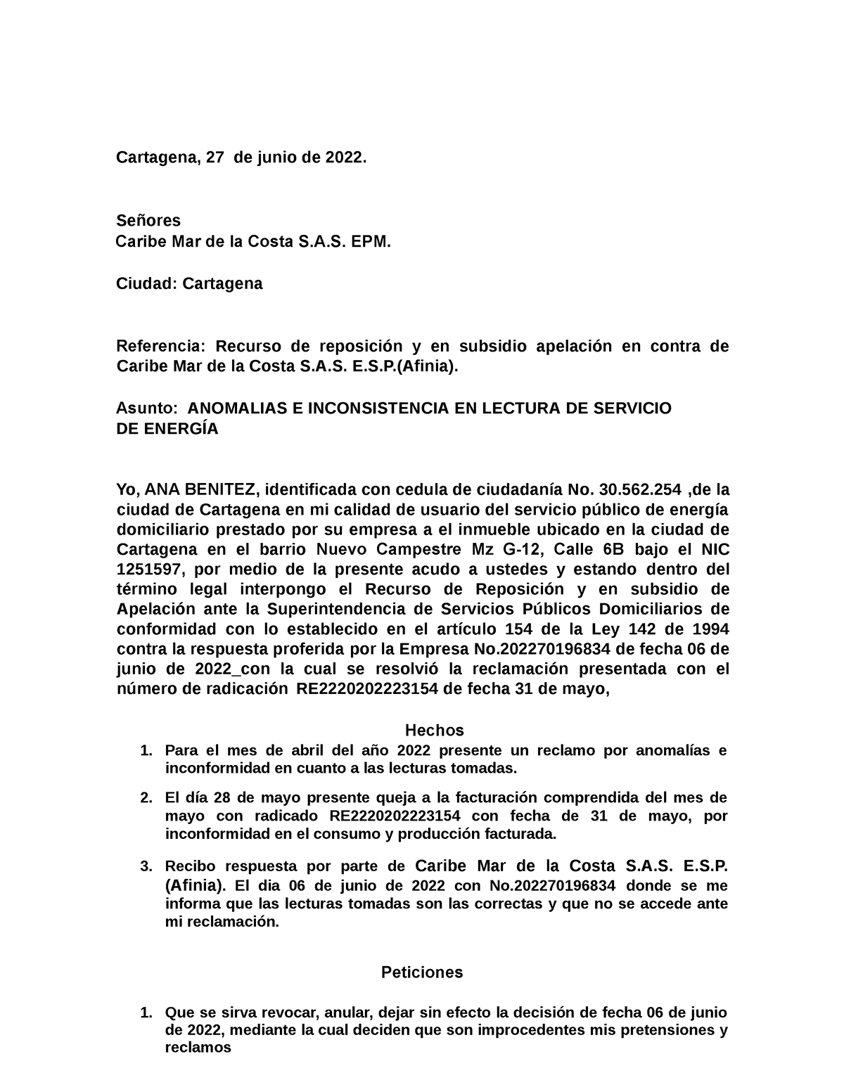 Recurso De Reposicion En Subsidio De Apelacion Cartagena 27 De Junio