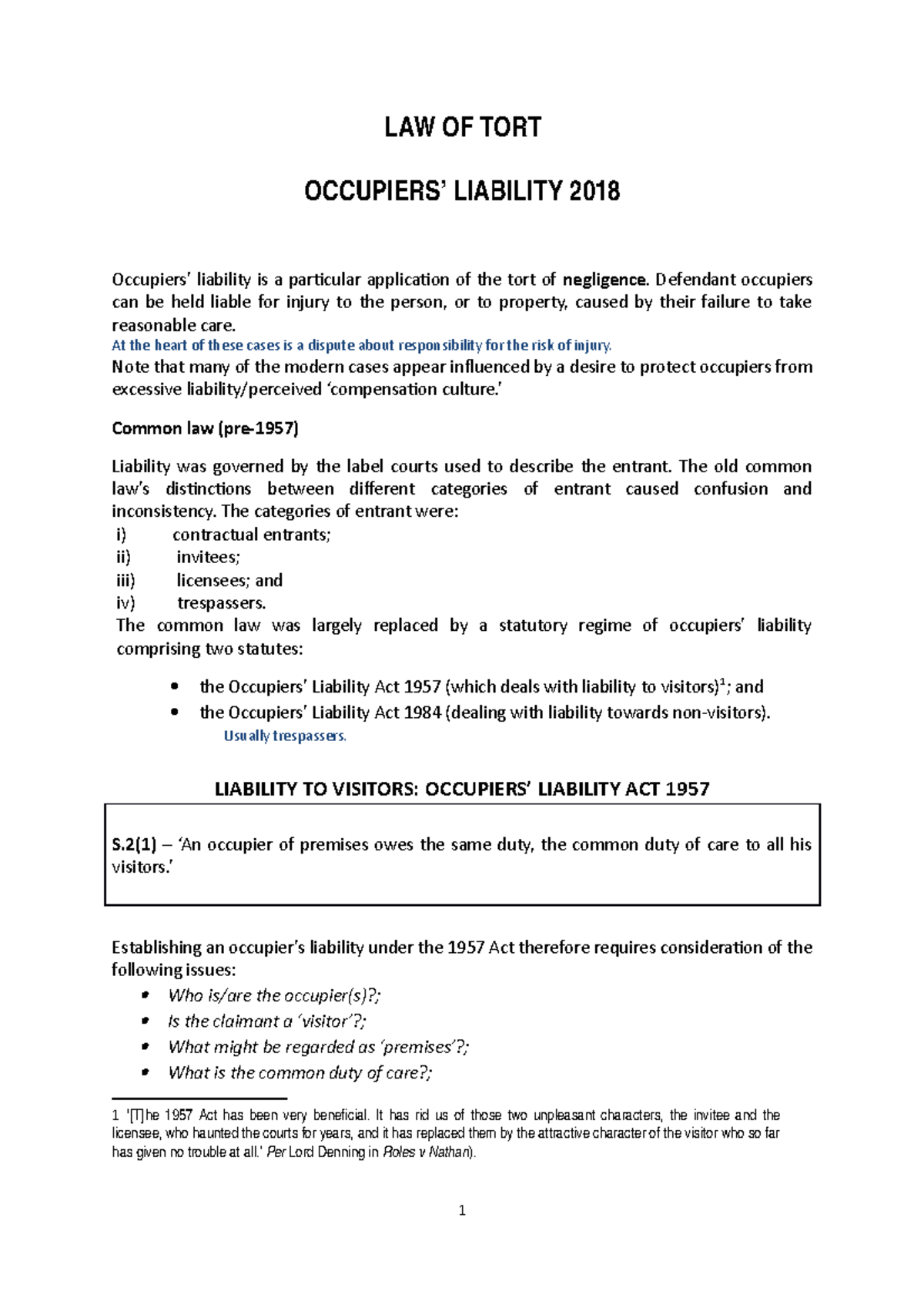 Occupiers Liability Handout 2018 Law Of Tort Occupiers Liability