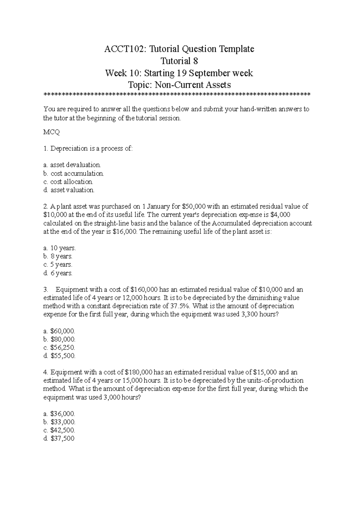 Week 10 Tutorial 8 Template Updated Acct102 Tutorial Question