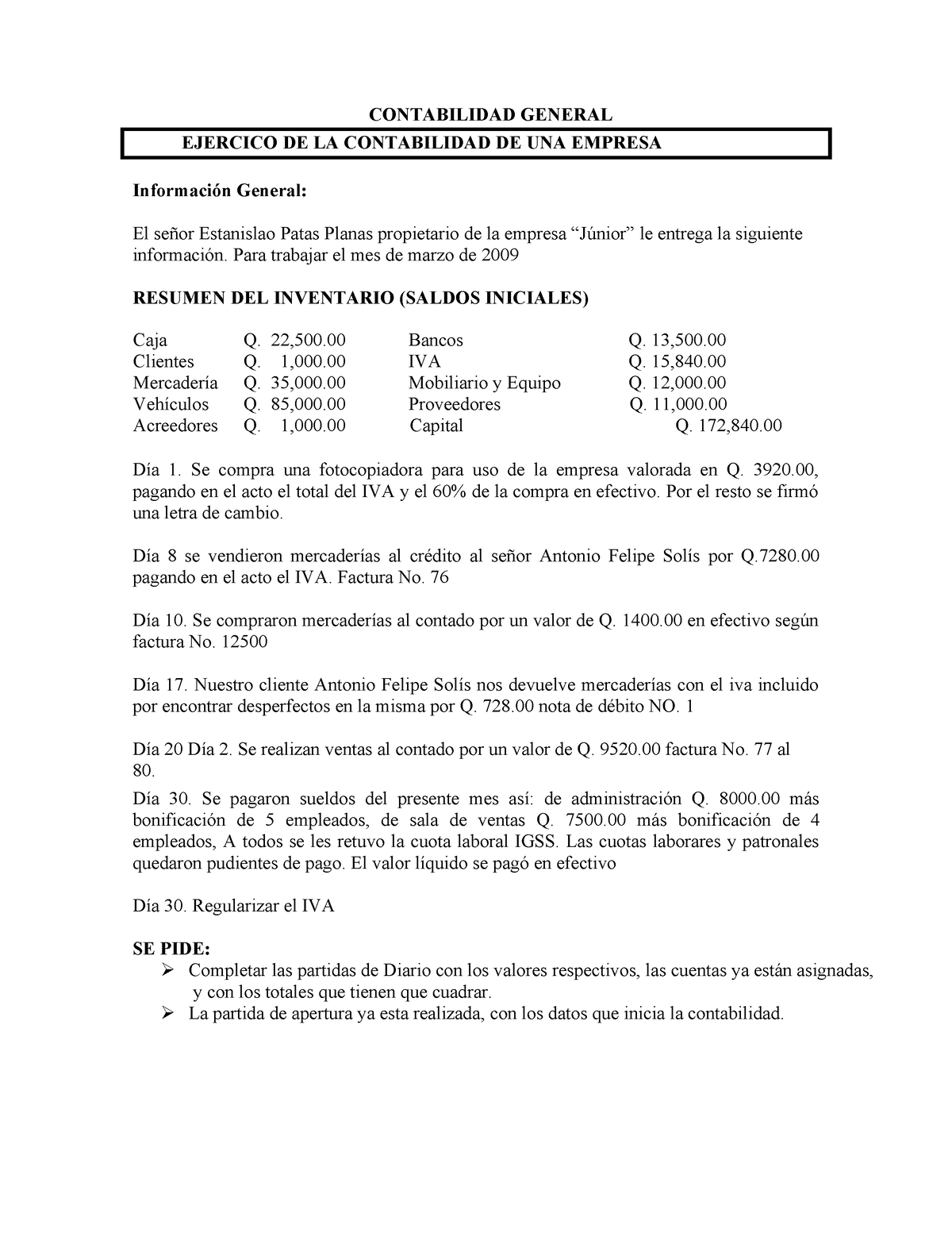 Ejercicio Contabilidad General Cargos Y Abonos Contabilidad General