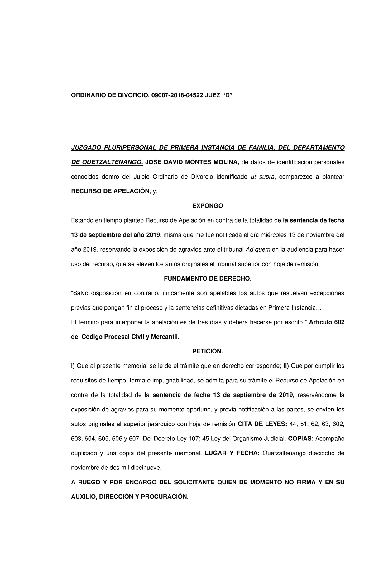 Memorial De Divorcio Ordinario Doc Divorcio Demanda J