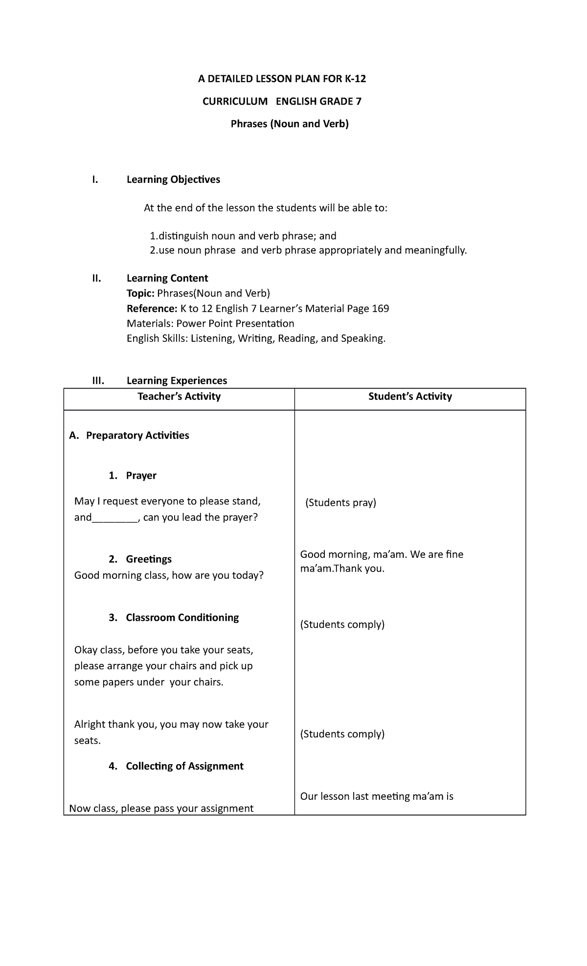 Phrases Verb Noun Learning Plan A Detailed Lesson Plan For K