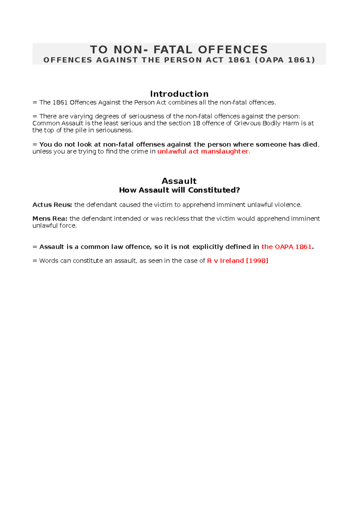 Criminal Law Oapa Summary Note To Non Fatal Offences Offences