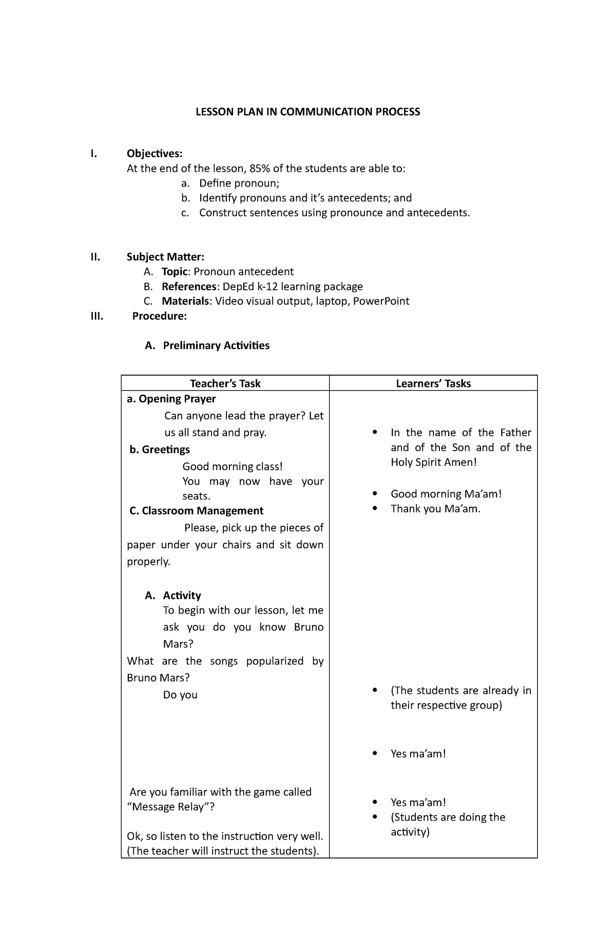 Cherry Lesson Plan Oral Comm Lesson Plan In Communication Process I