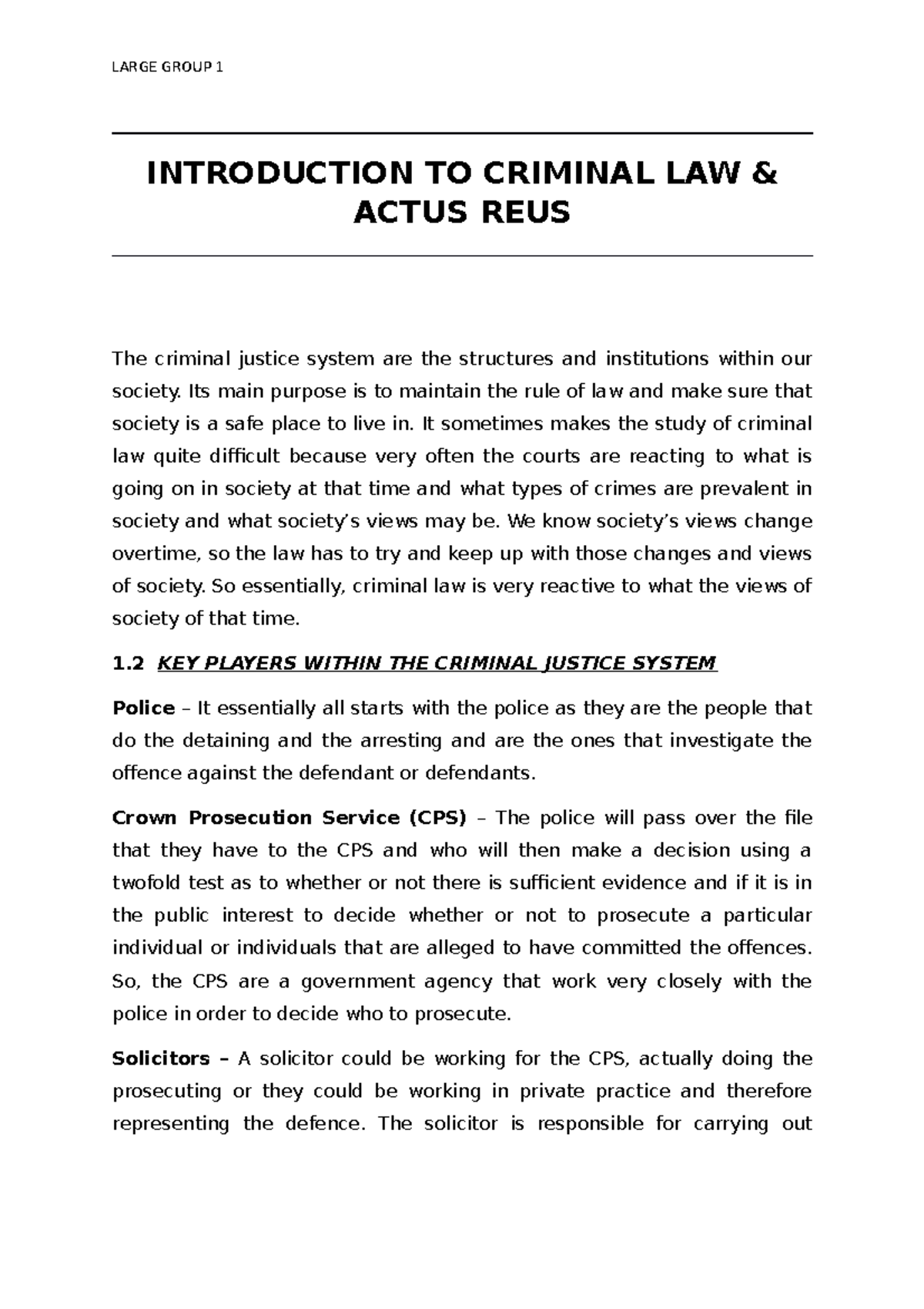 Large Group 1 Official Introduction To Criminal Law And Actus Reus