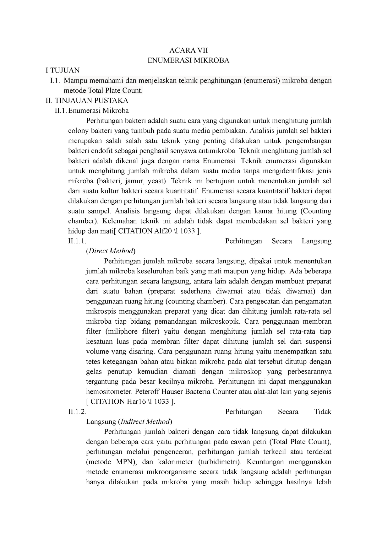 Laporan Praktikum Mikrobiologi Enumerasi Mikroba Acara Vii