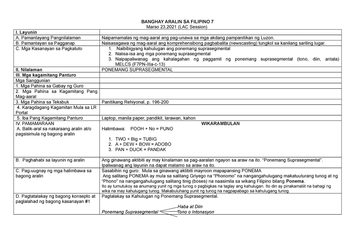 A Detailed Lesson Plan In Filipino I Docx Banghay Aralin Ng Hot Sex