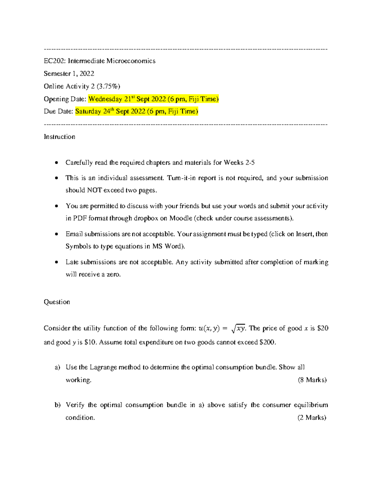 Online Activity 2 Practice Ec202 Intermediate Microeconomics