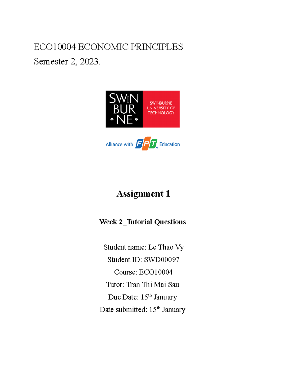 Eco10004 Economic Principles Eco10004 Economic Principles Semester 2