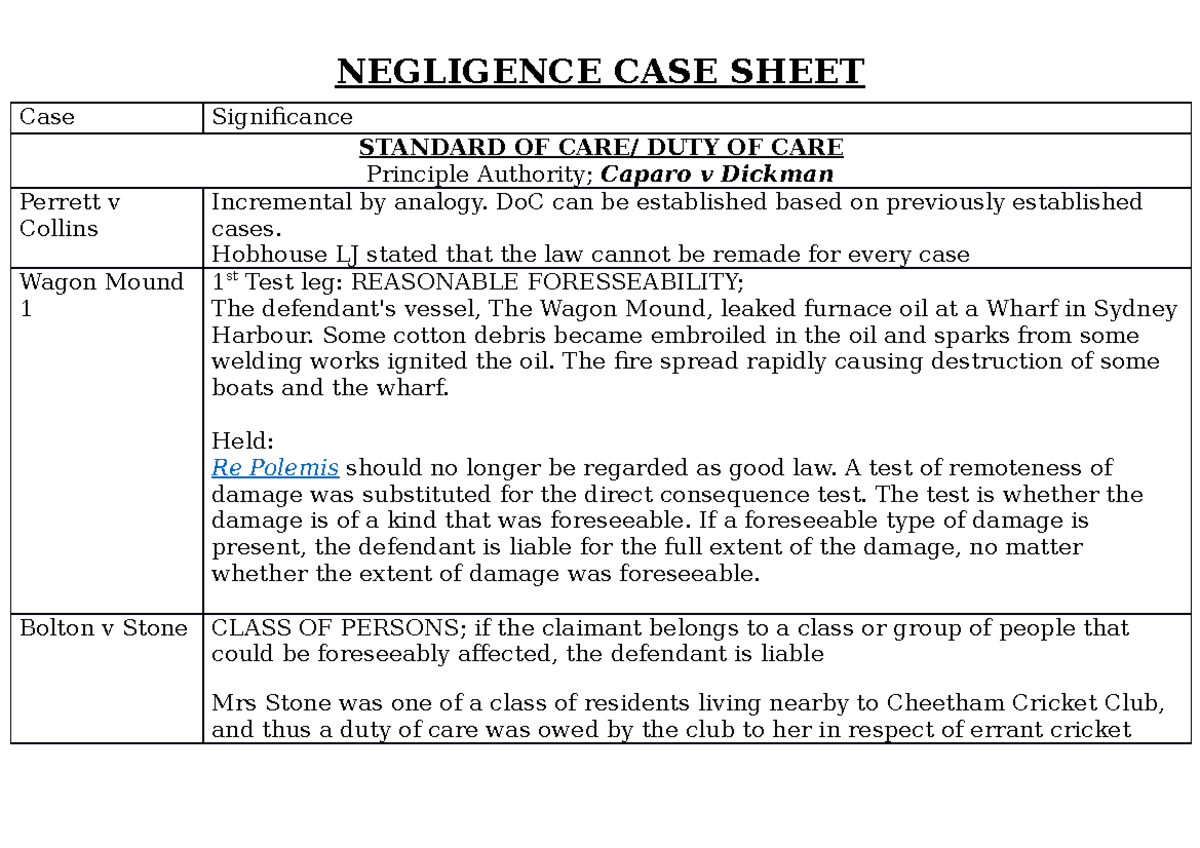 Negligence Case Sheet Lecture Notes 1 10 Negligence Case Sheet Case