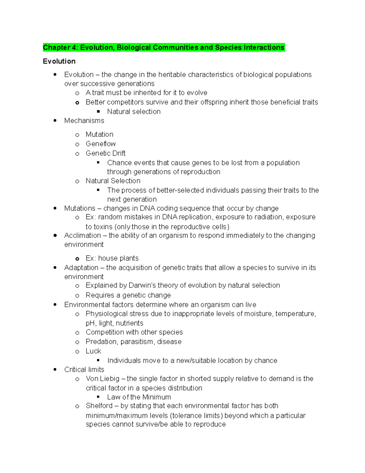 Ensc 1003h Chapters 4 7 Chapter 4 Evolution Biological Communities