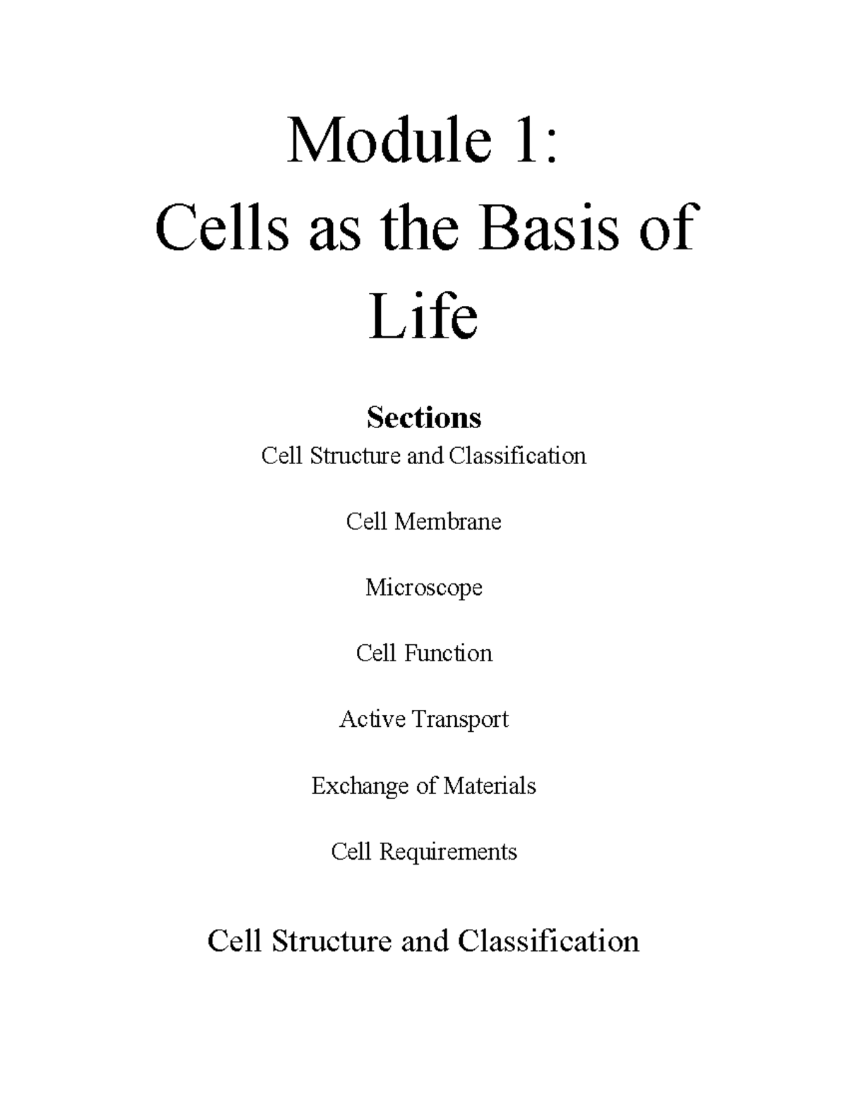 Module 1 Bio Module 1 Cells As The Basis Of Life Sections Cell