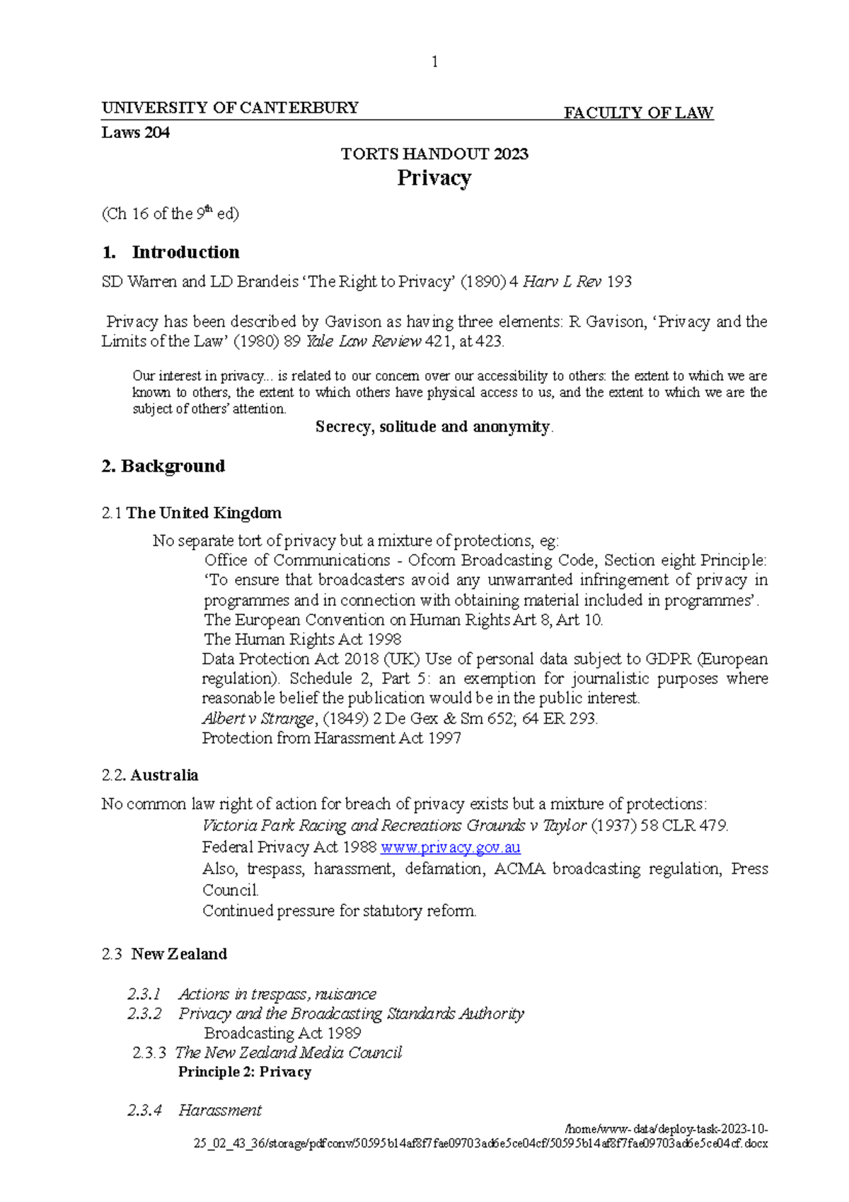 Privacy Lecture Notes University Of Canterbury Faculty Of Law Laws