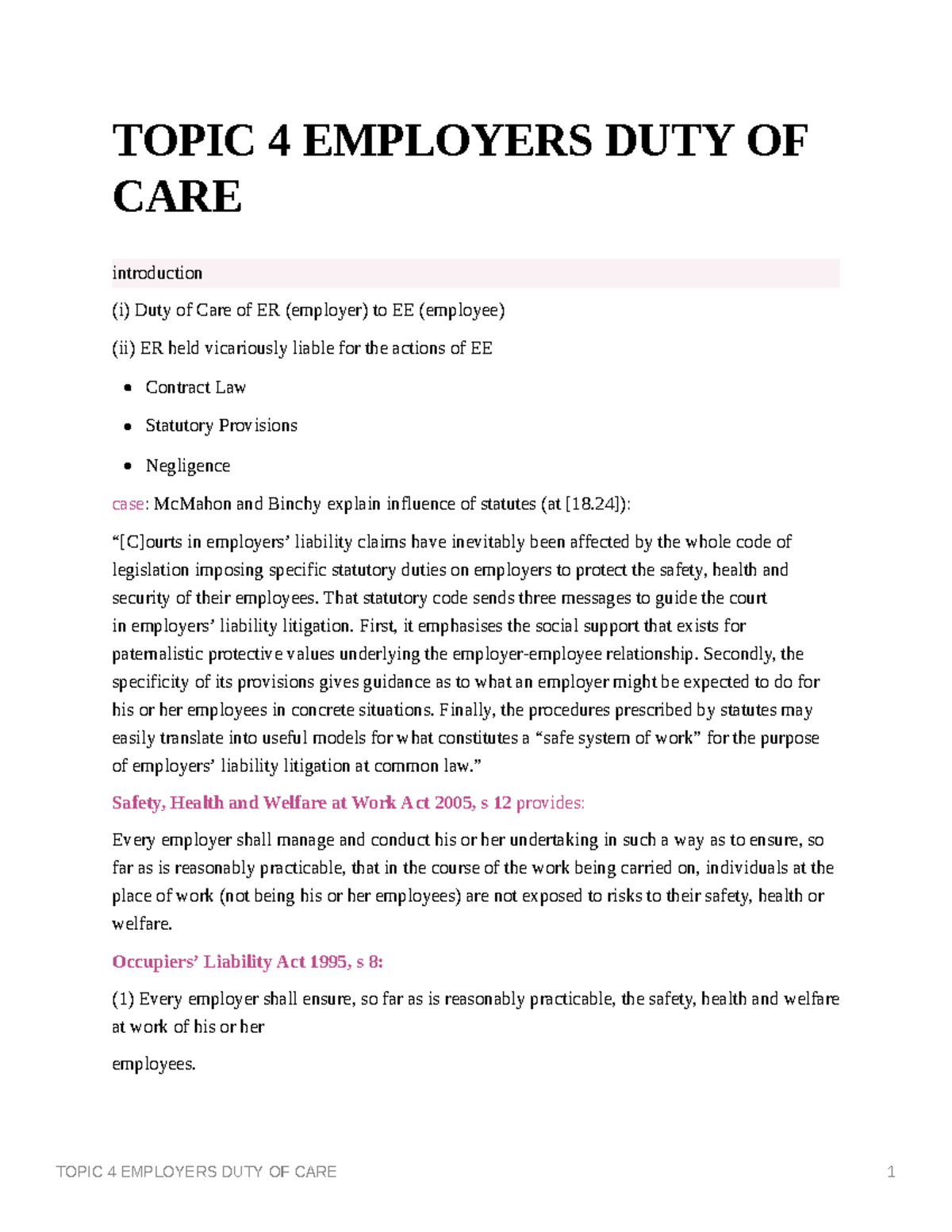 Topic 4 Employers Duty Of Care Topic 4 Employers Duty Of Care