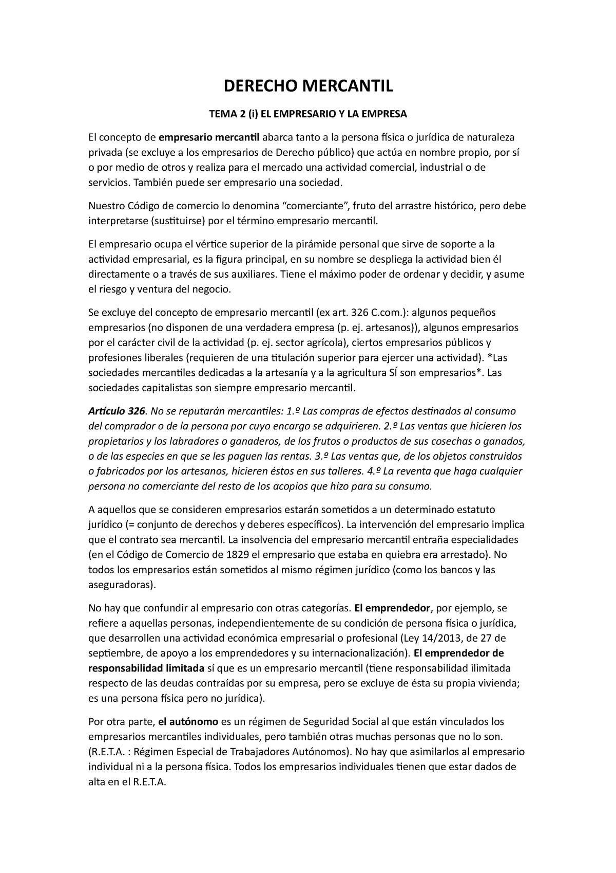 Derecho Mercantil Derecho Mercantil Tema 2 I El Empresario Y La