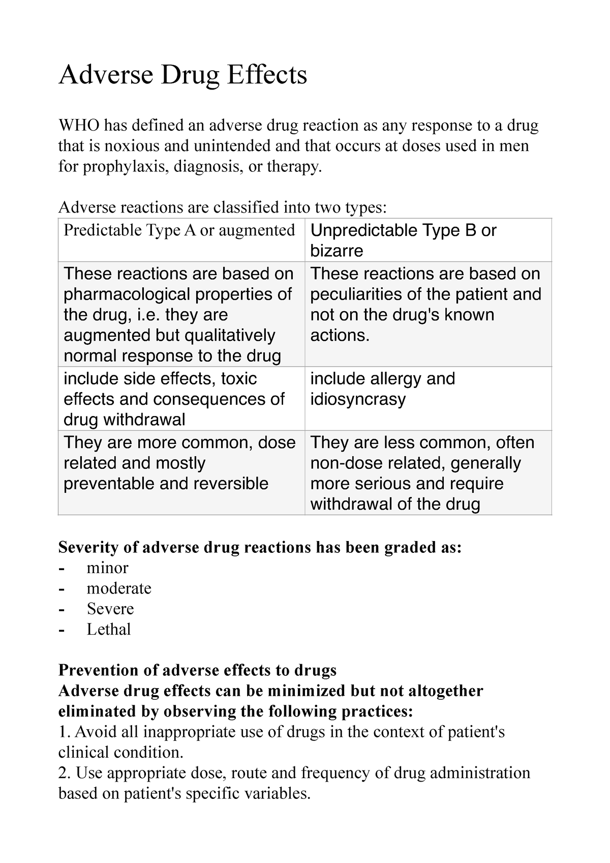 Adverse Drug Effects Adverse Reactions Are Classified Into Two Types