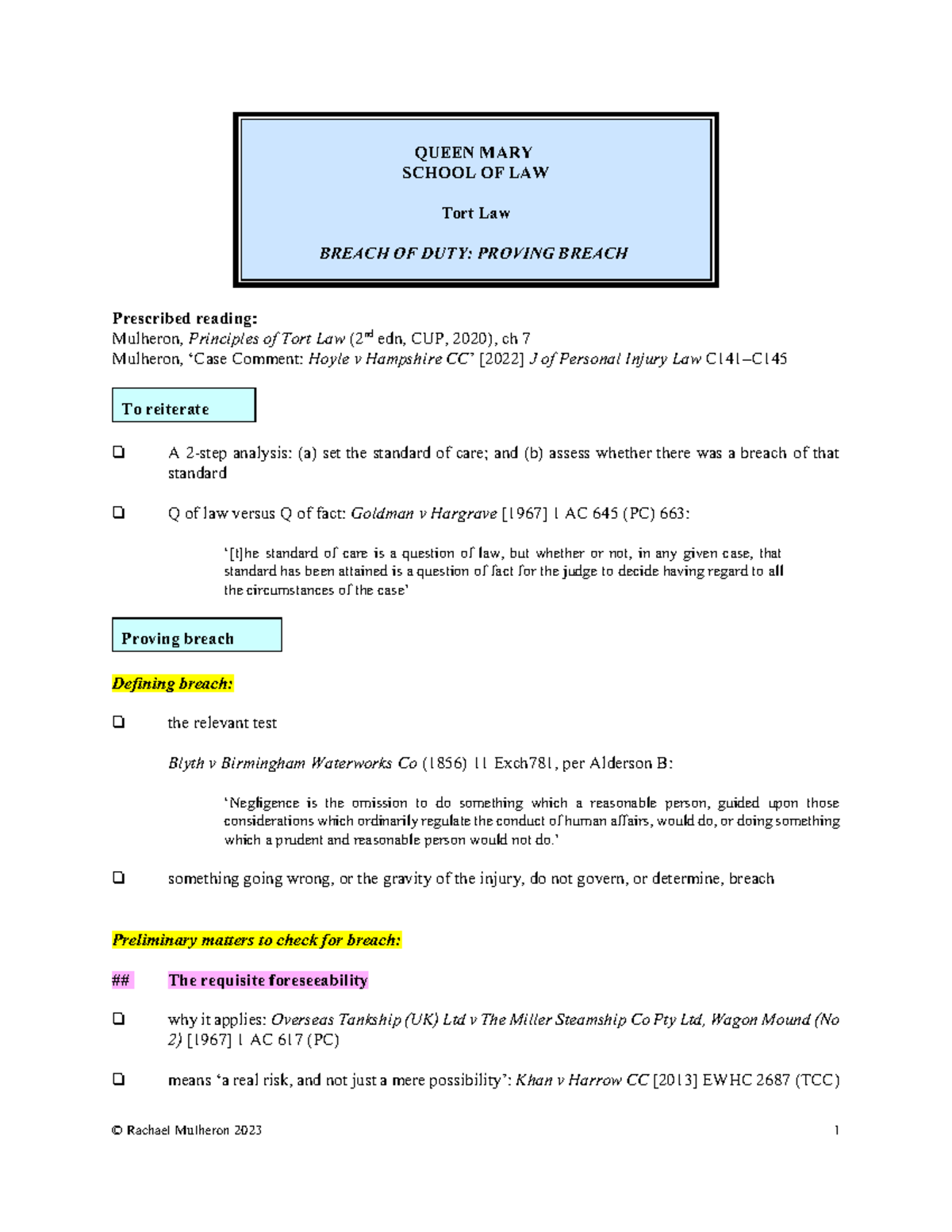 Breach Of Duty Lecture Schema Queen Mary School Of Law Tort Law