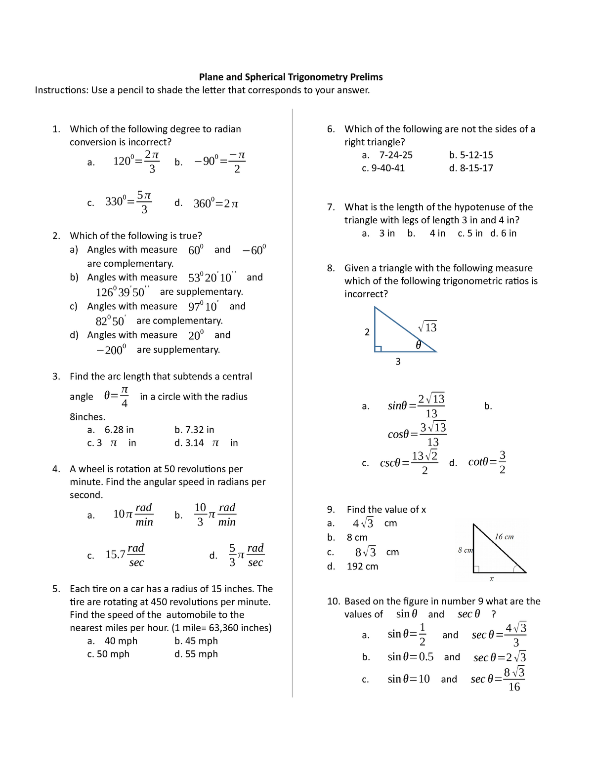 Pst And Ca Prelims Plane And Spherical Trigonometry Plane And