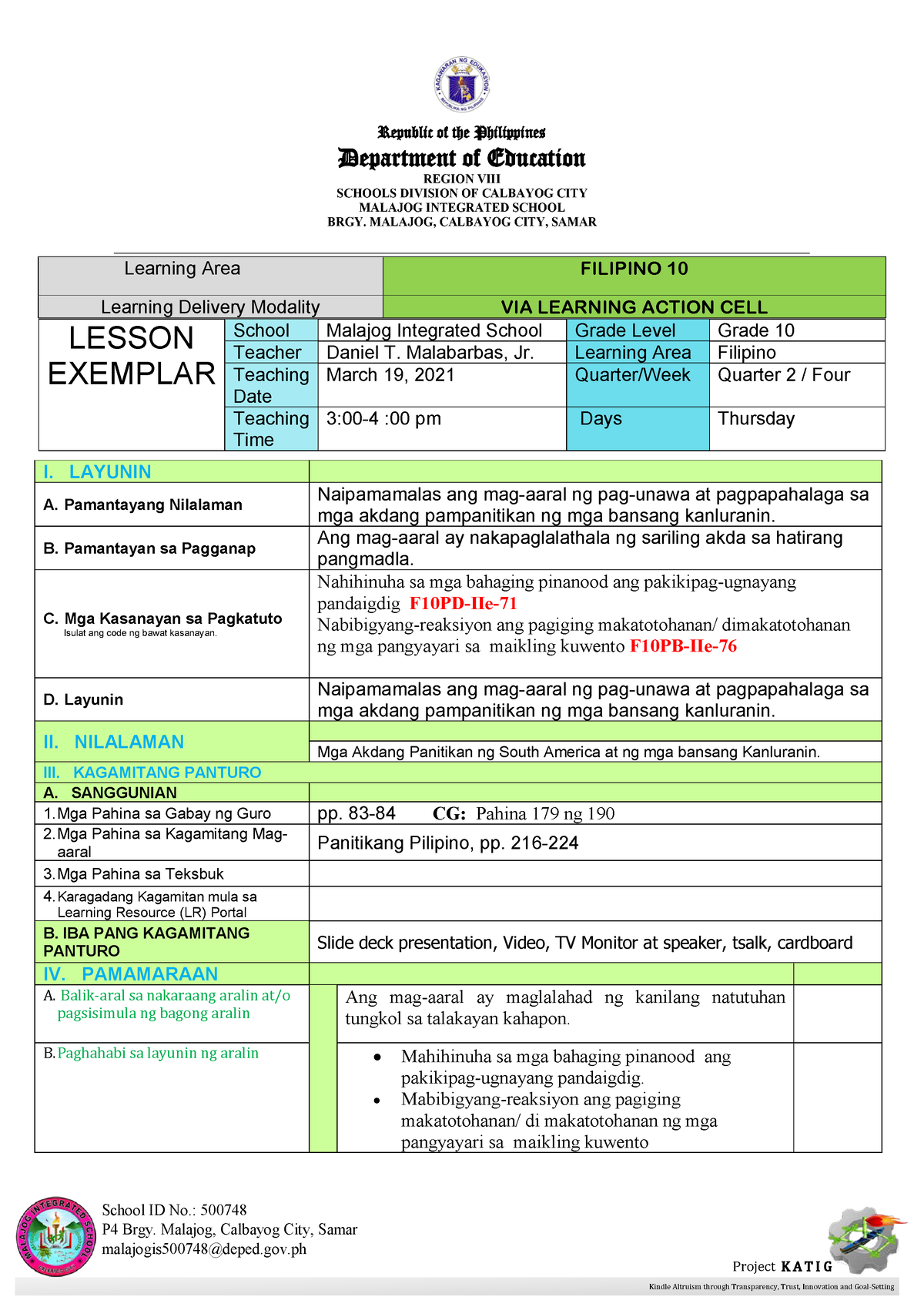 Cot Lesson Plan In Filipino 4 Q4 Ibat Ibang Uri Ng Pa