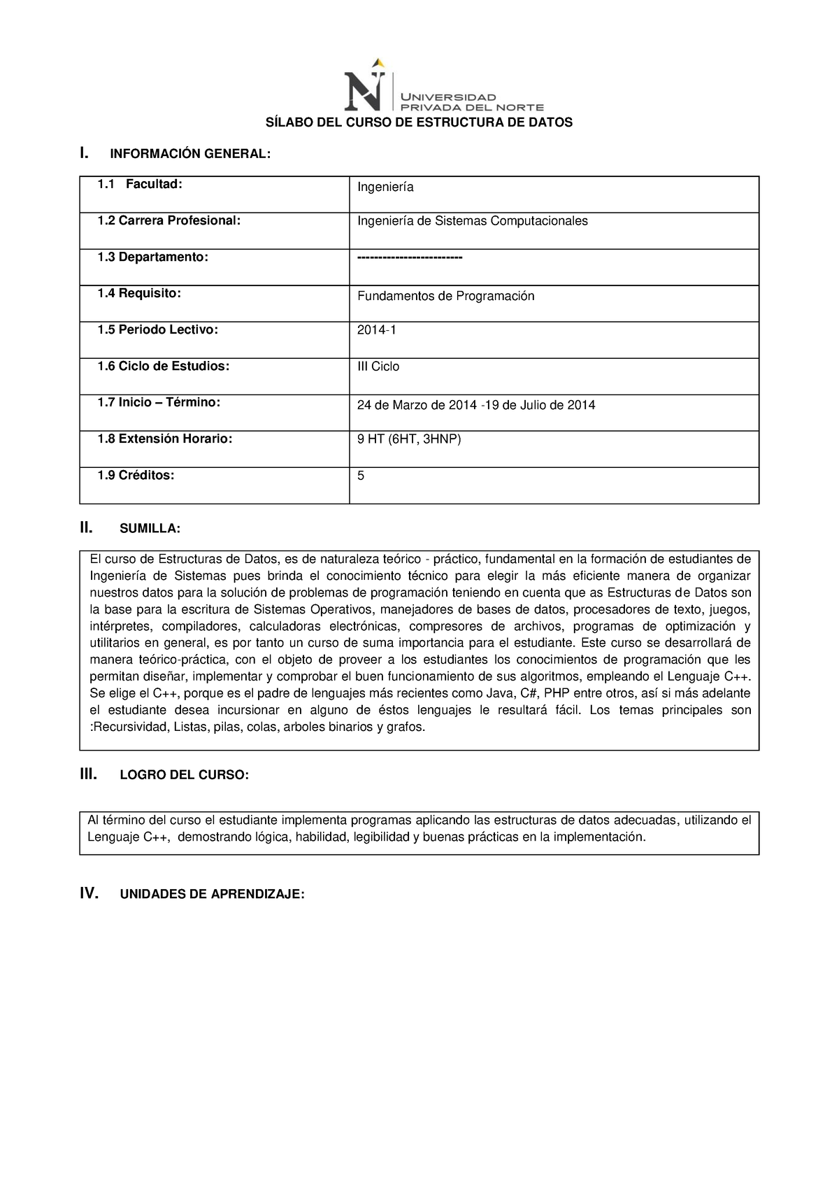 Sílabo Del Curso De Estructura De Datos SÍlabo Del Curso De