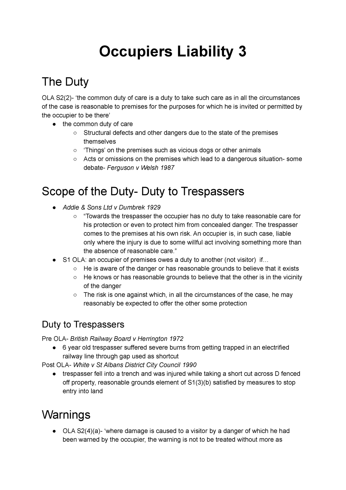 Lecture 8 Tort Occupiers Liability Occupiers Liability 3 The Duty