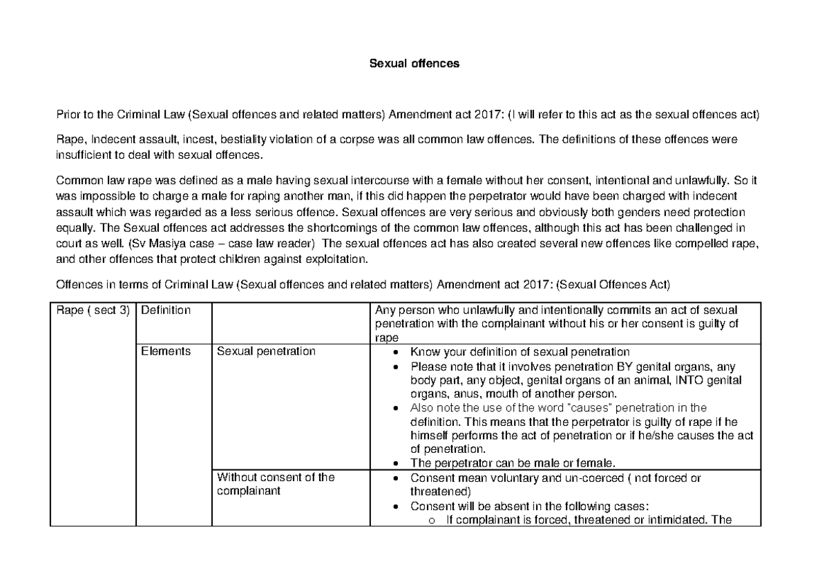 Sexual Offences Lecture Notes 1 Sexual Offences Prior To The