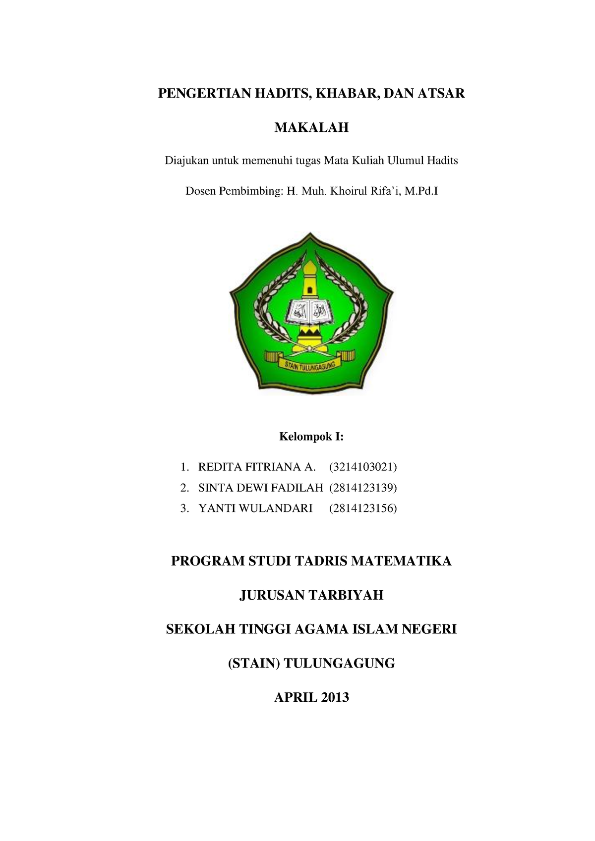 Makalah Hadist Pengertian Hadits Khabar Dan Atsar Makalah Diajukan