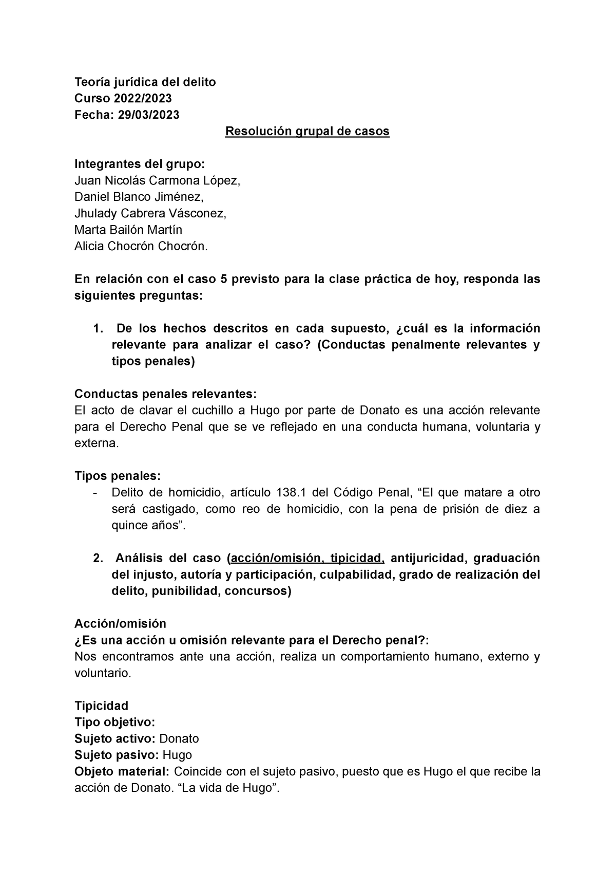 Caso Práctico Número 5 Teoría Juridica Del Delito Teoría Jurídica