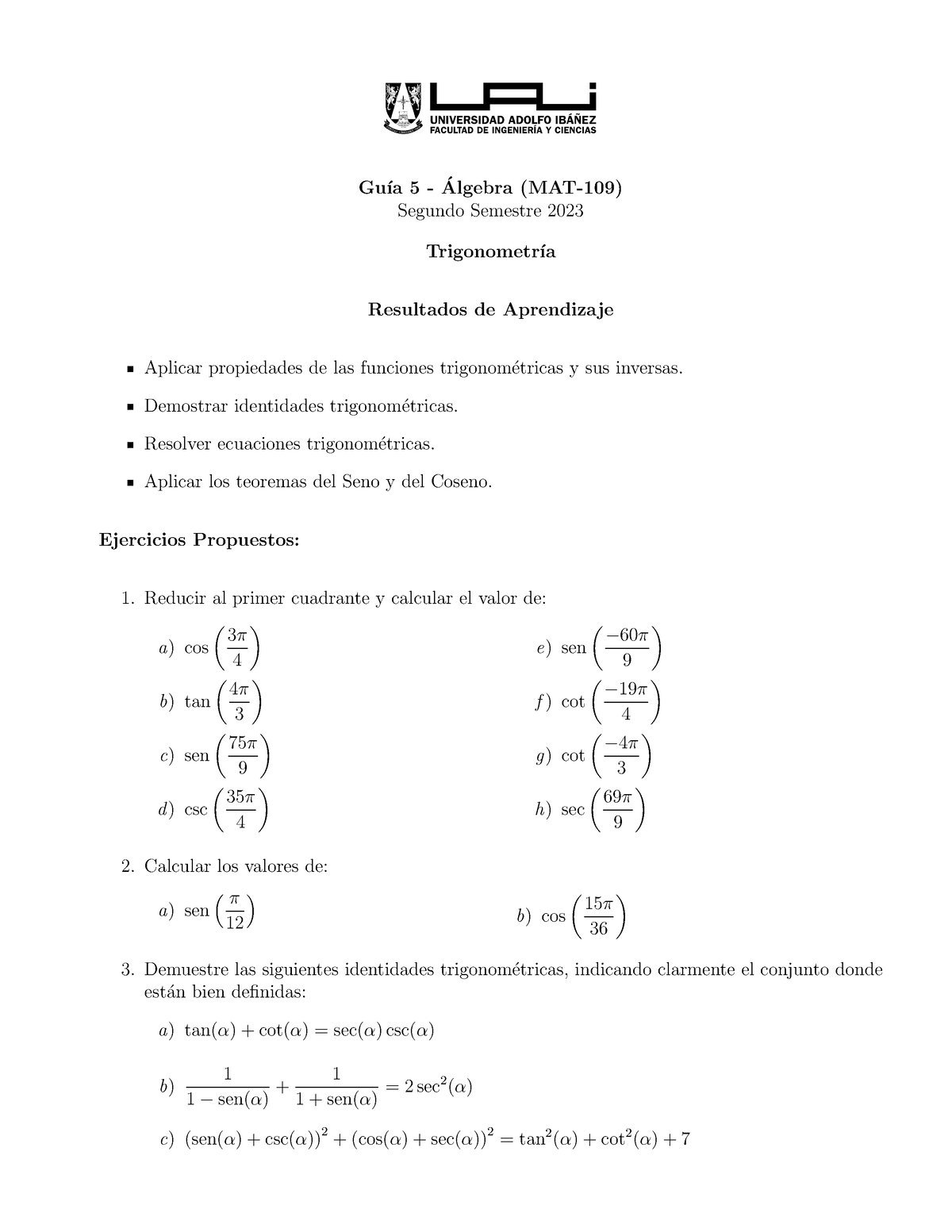 Guía 5 Trigonometría Guia De Trigonometria Gu ́ıa 5 ́algebra