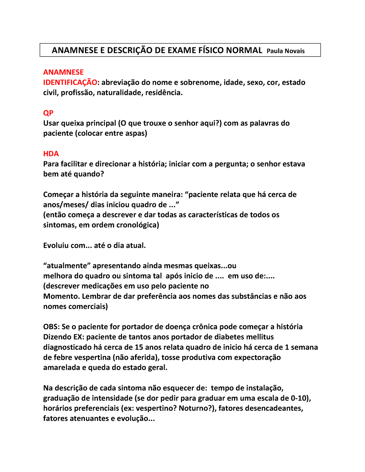 Roteiro E Descrio De Exame Fsico Normal Anamnese E DescriÇÃo De Exame