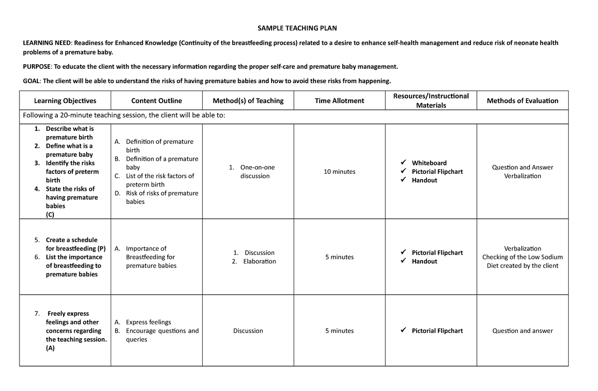 Health Teaching Plan Sample Teaching Plan Learning Need Readiness