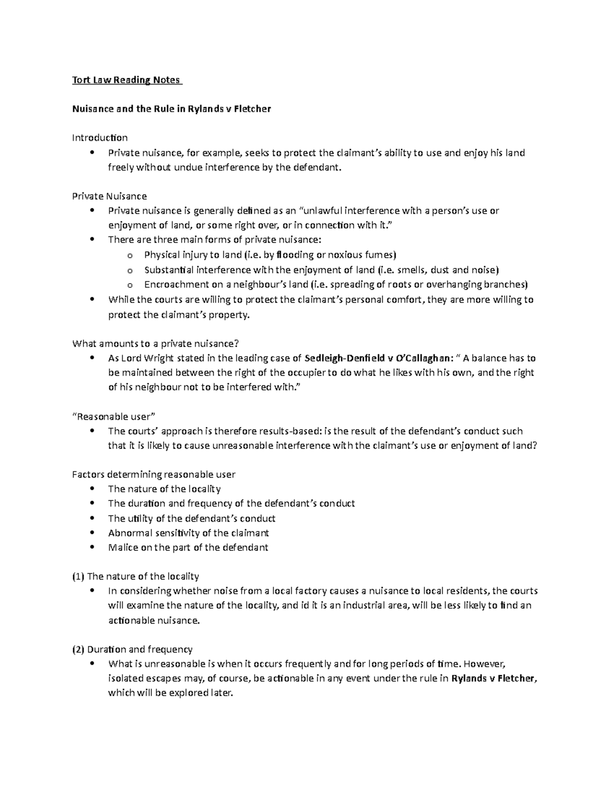 Tort Law Reading Notes Nuisance Tort Law Reading Notes Nuisance And