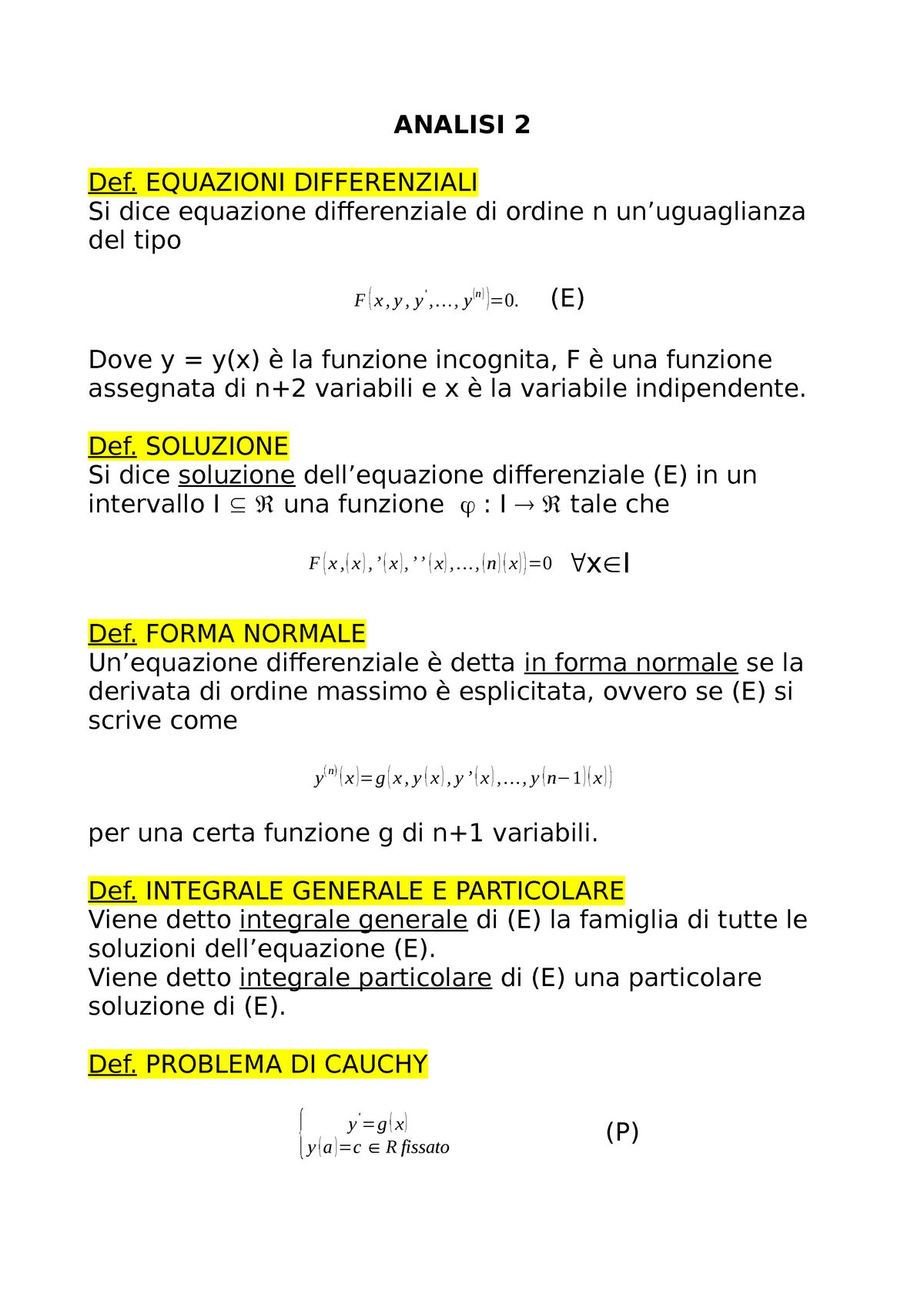 Analisi 2 Appunti Di Lezione 1 3 Analisi 2 Def Equazioni