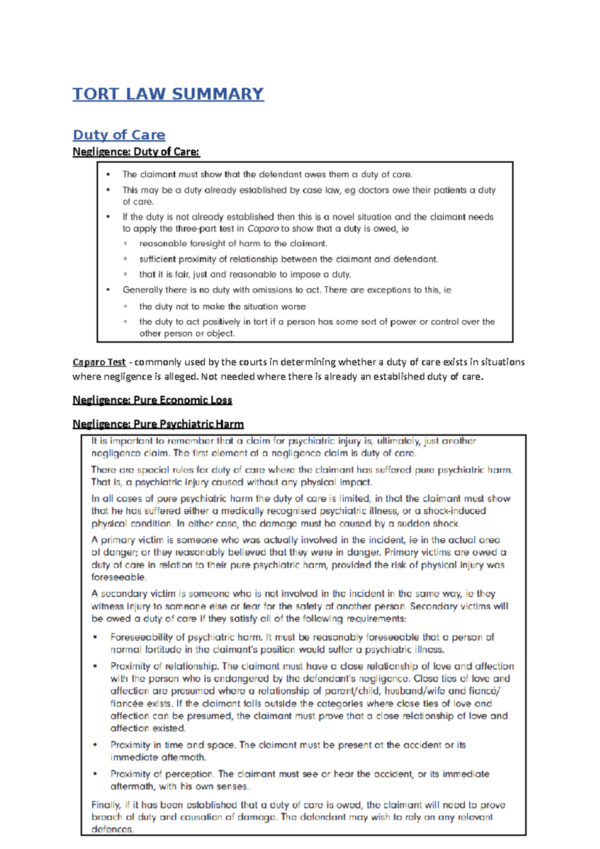 Tort Law Notes Tort Law Summary Duty Of Care Negligence Duty Of Care