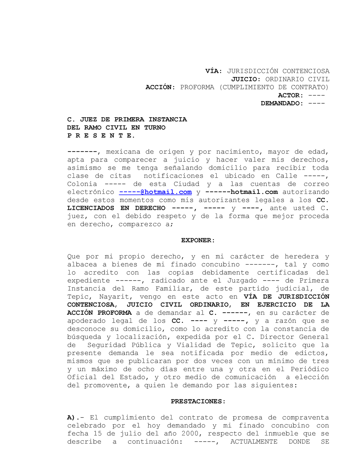 Demanda Accion Proforma VÍa JurisdicciÓn Contenciosa Juicio