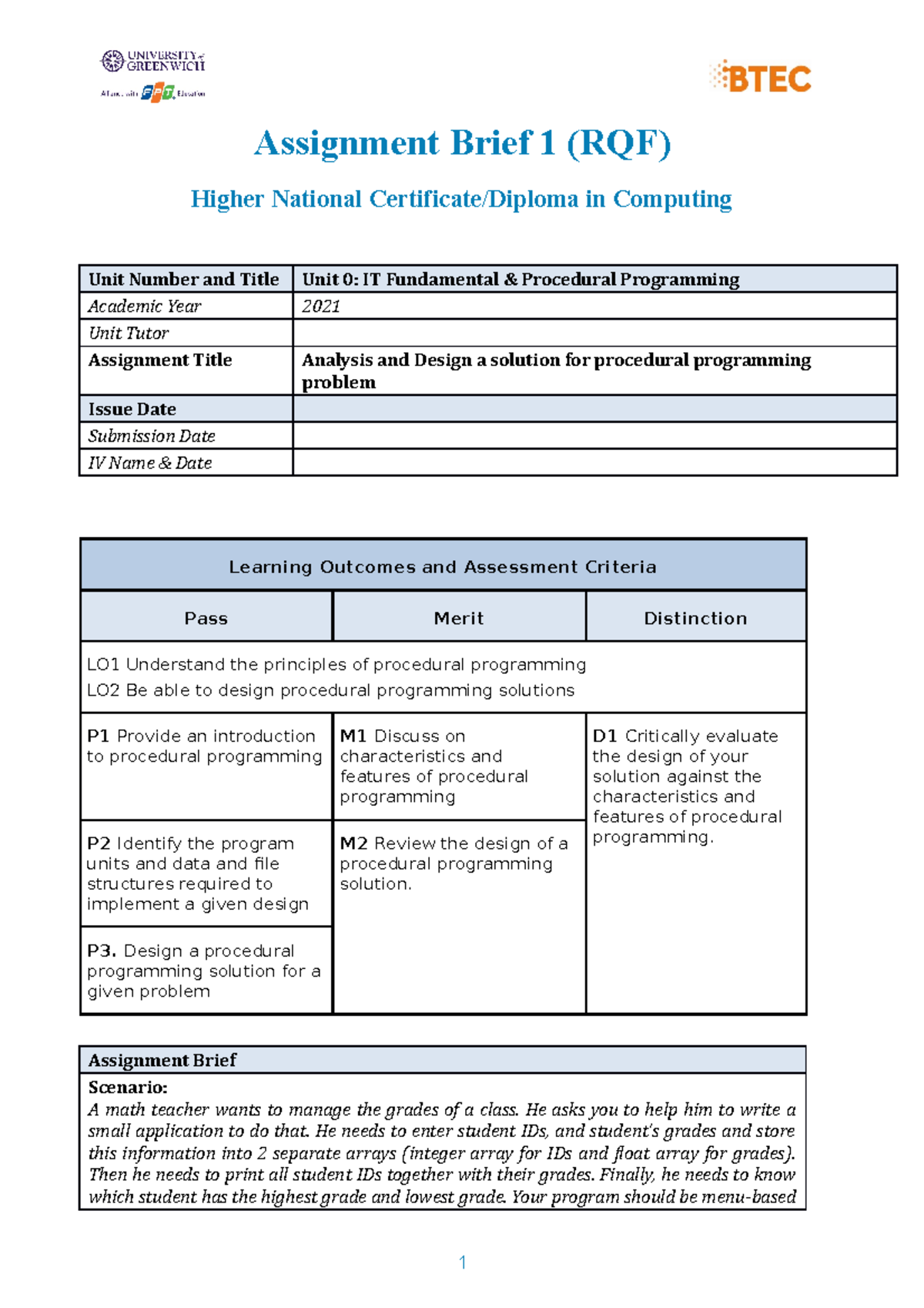 Assignment 1 Brief Dadsa Assignment Brief 1 Rqf Higher National