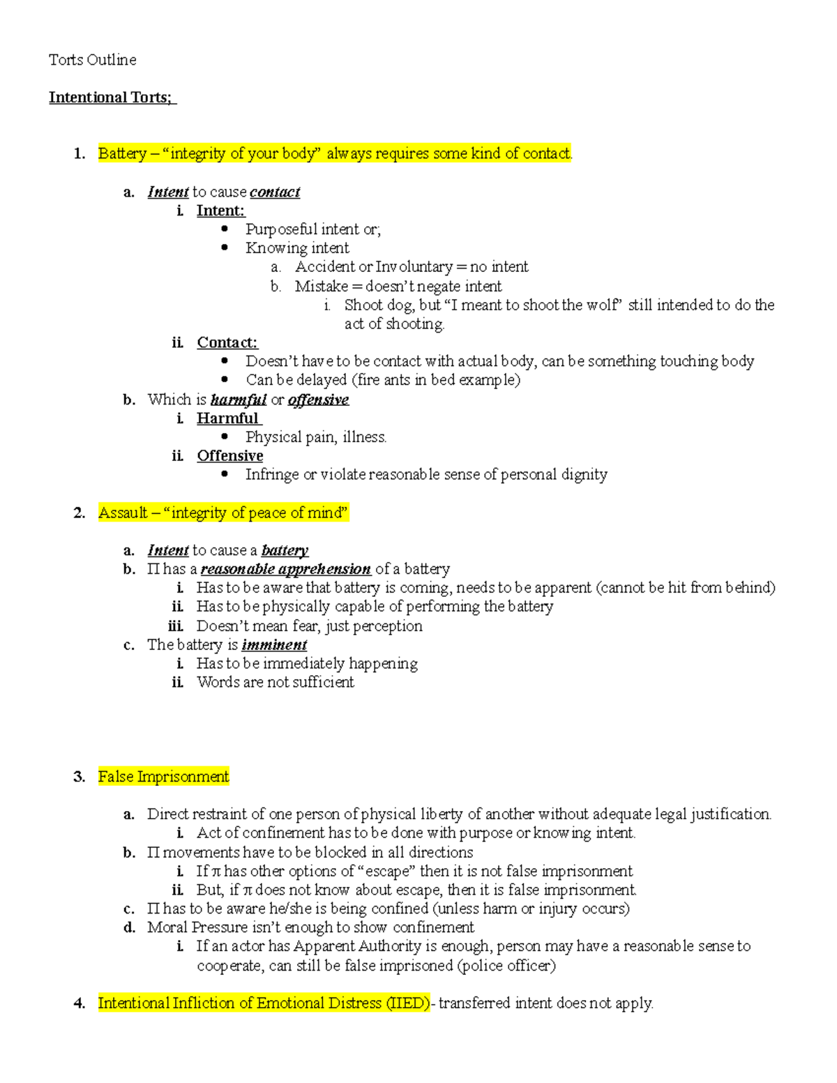 Torts Outline Pace Law Torts Outline Intentional 1 Battery Of Your