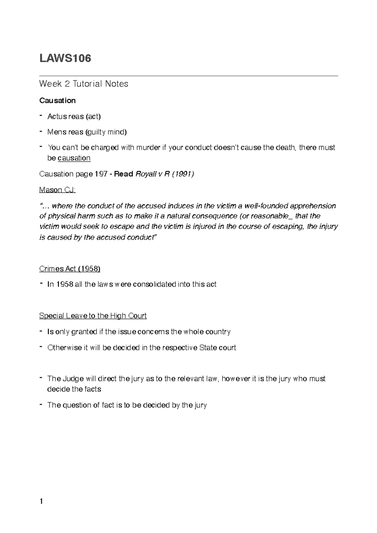 Wk2 Causation Laws Week 2 Tutorial Notes Causation Actus Reas