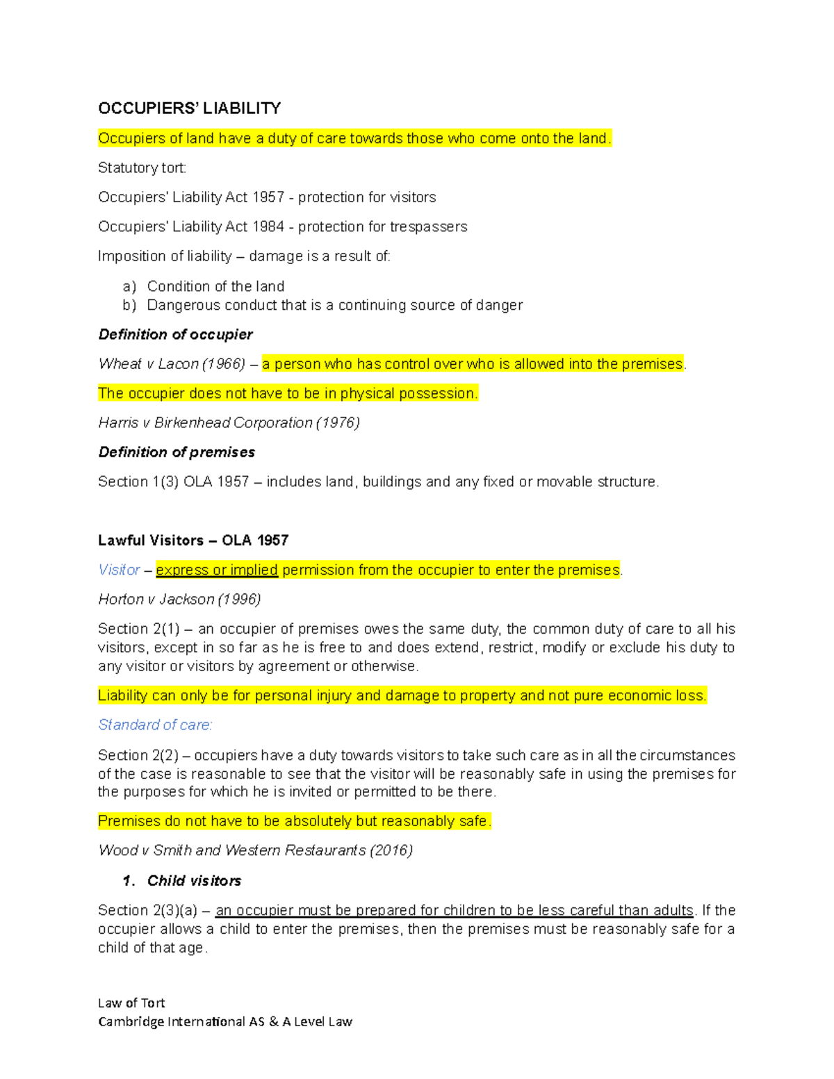 Occupiers Liability Summary Law Of Tort Law Of Tort Cambridge