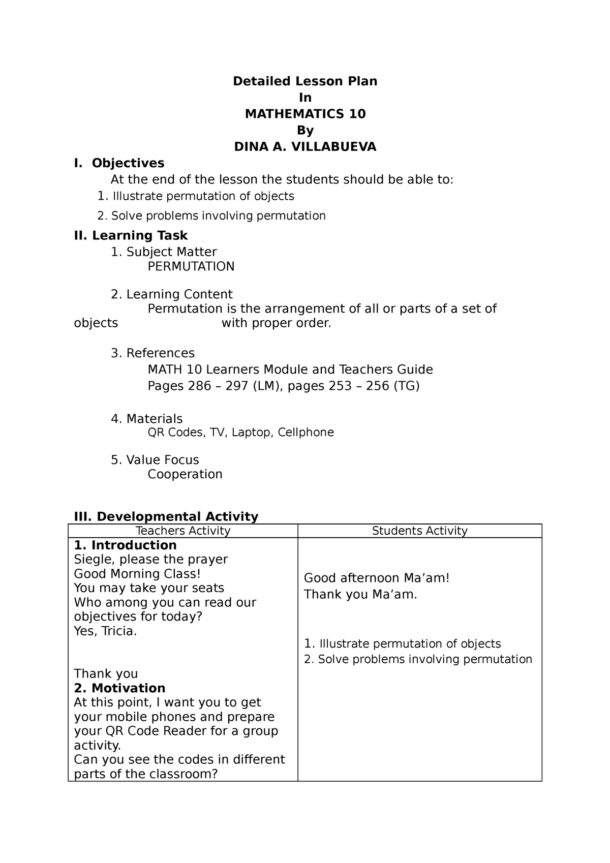 Detailed Lesson Plan In Elementary Mathematics Plans Learning Sample