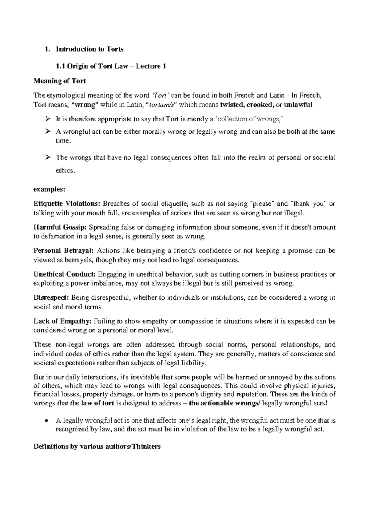 Law Of Torts 1 Notes 1 Introduction To Torts 1 Origin Of Tort Law