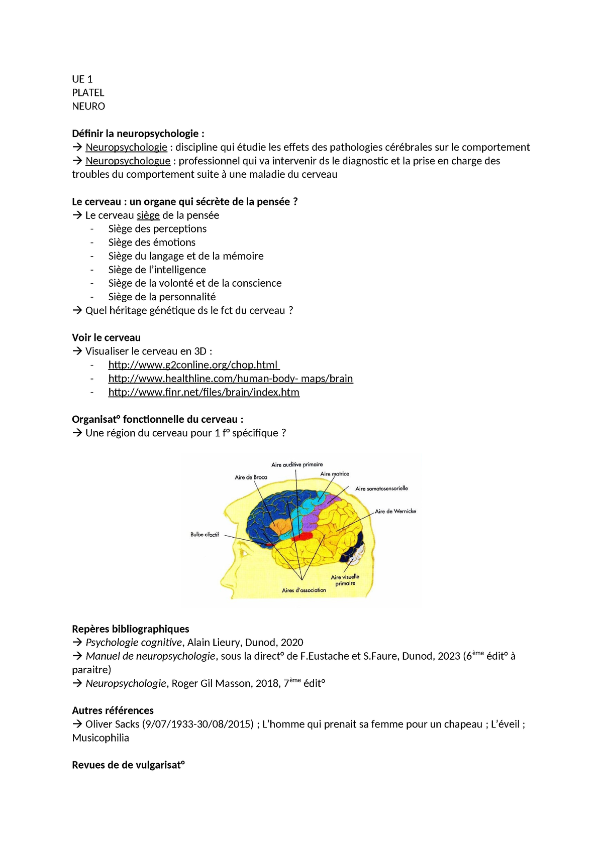 Ue 1 Cm Platel Intro à La Neuropsychologie Ue 1 Platel Neuro