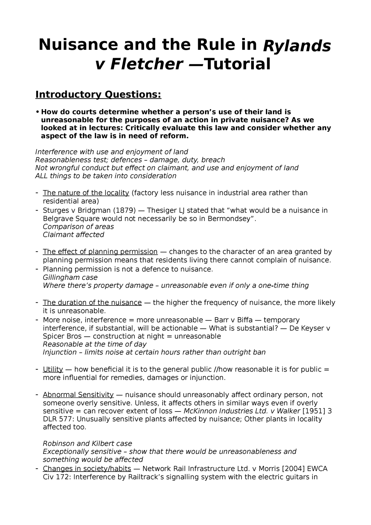 Tort Tutorial 1 Semester 2 Nuisance And The Rule In Rylands V